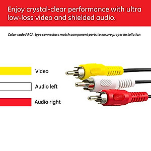 GE Composite Audio/ Video Cable, 6 ft. RCA Style Plugs 3-Male to 3-Male, Low Loss, for TV, VCR, DVD, Satellite, and Home Theater Receivers, 23216