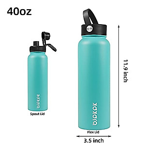 BJPKPK Insulated Water Bottles with Straw Lid, 40oz Stainless Steel Water Bottles with 3 Lids, Large Metal Water Bottle, BPA Free Leakproof Thermos Water Bottle for School, Sports & Gym- Turquoise