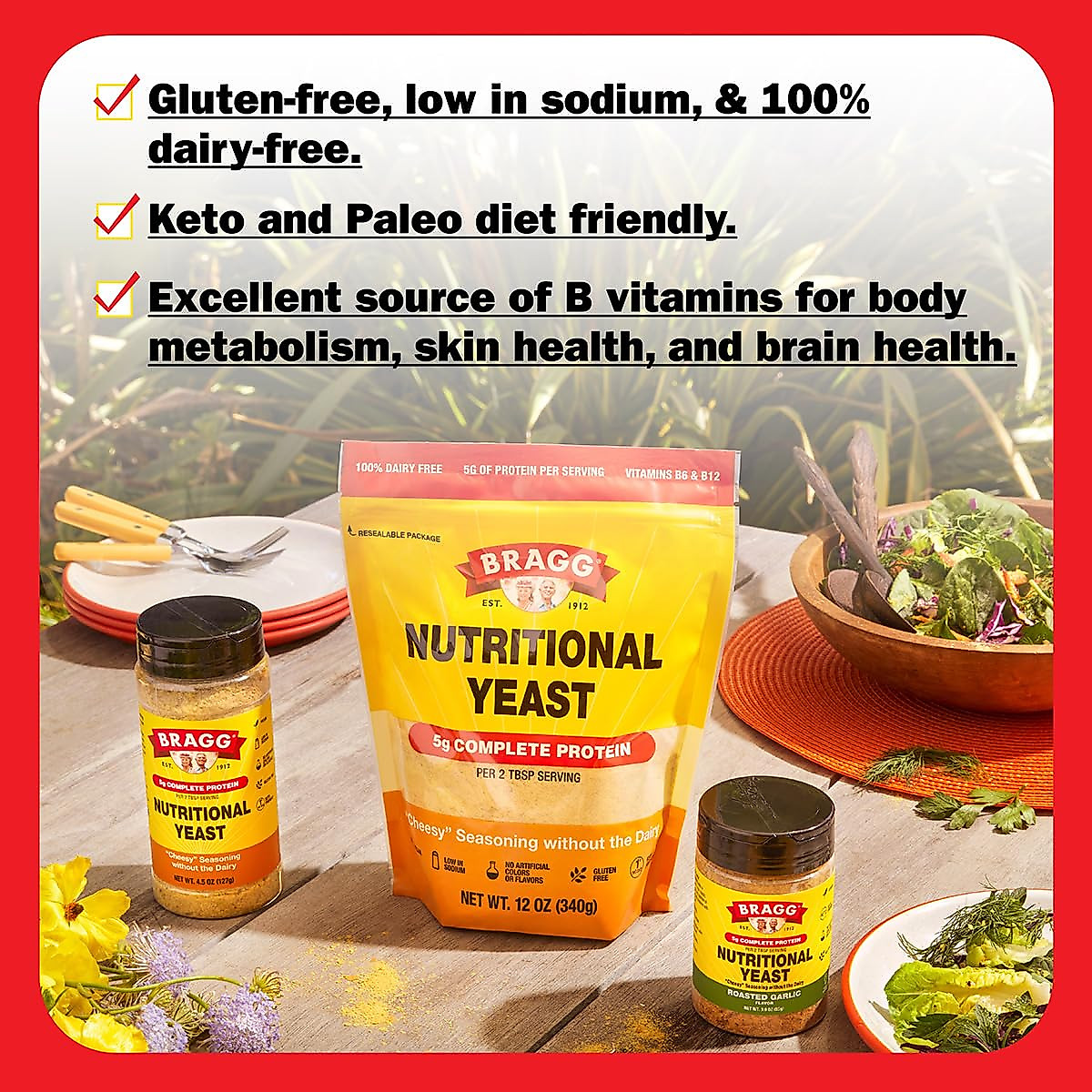 Bragg Nutritional Yeast Roasted Garlic Seasoning - 3 oz - Dairy-Free Parmesan Cheese Substitute - Perfect for Salads, Pastas, Popcorn, and More