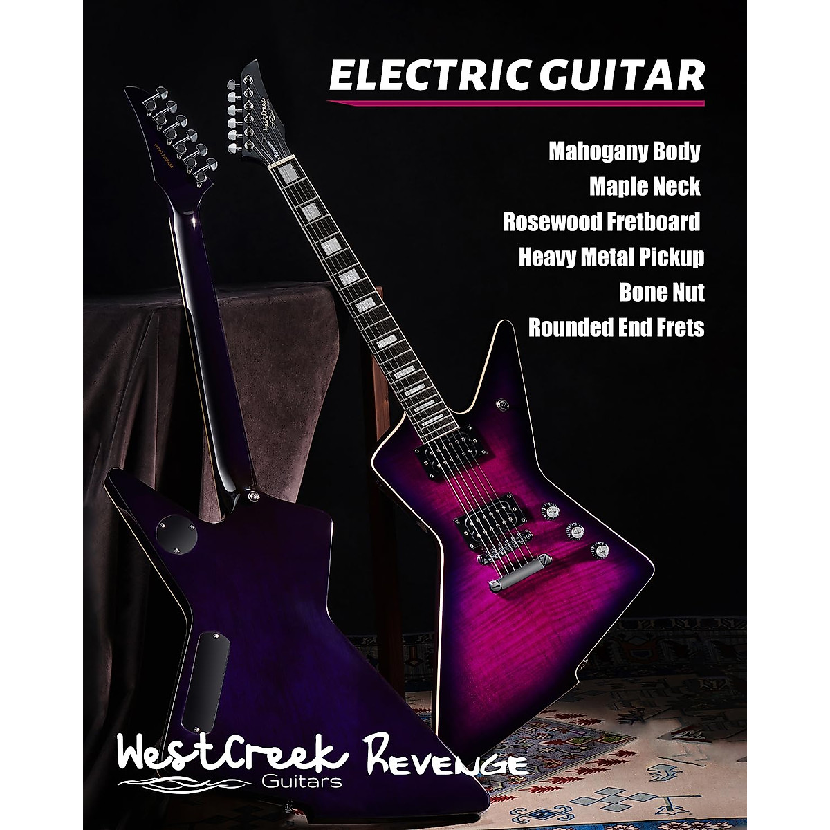 WestCreek Revenge Solid Body Electric Guitar, Heavy Metal Guitar, Right Handed, Alnico Humbucker Pickups, Rounded End Jumbo Frets, Bone nut, Rosewood Fretboard, Mahogany Body Purple