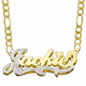 Win Jewelry 14K Two Tone Gold Personalized Double Plate 3D Name Necklace - Style 2 (18 Inches, White Pave Figaro Chain)