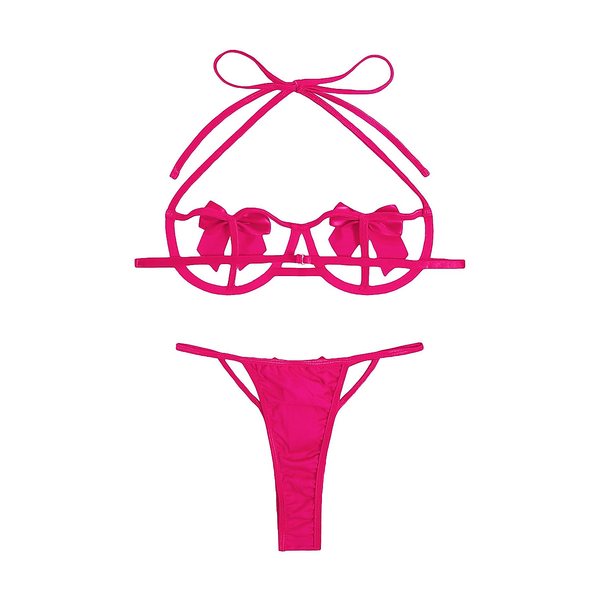 SOLY HUX Women's Two Piece Underwire Lingerie Set Bow Knot Cut Out Halter Bra and Panty Sleepwear Pure Hot Pink S