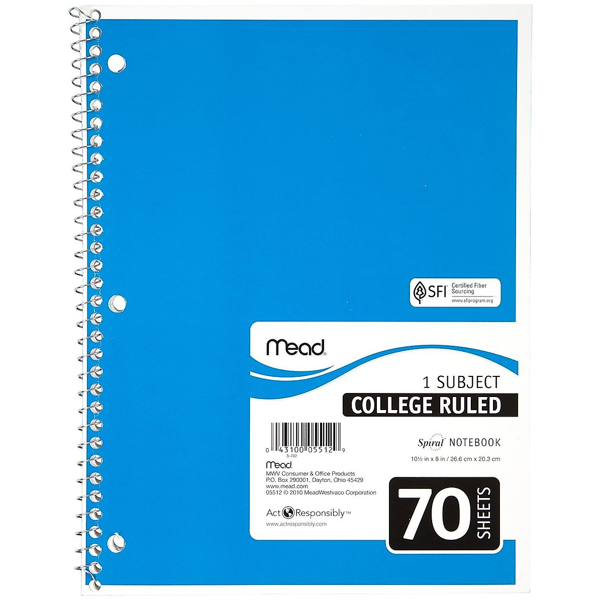 Mead 05512 Spiral Notebook, College Ruled 7.5" x 10.5" 70 Sheets, 1 Subject, 6 Pack, Colors May vary