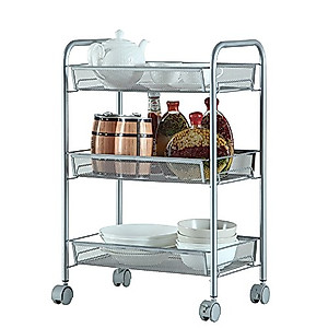 Goujxcy 3-Tier Kitchen Island Dining Cart on Wheel Honeycomb Mesh Iron Multi-Functional Storage Shelf Movable Microwave Rack Utility Organizer Unit Silver