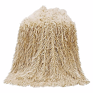 HiEnd Accents Mongolian Sheep Lamb Faux Fur Fluffy Throw, 50x60 inch, Cream Solid Color, Soft Cozy Fuzzy Warm Luxury Blanket, Modern Rustic Style