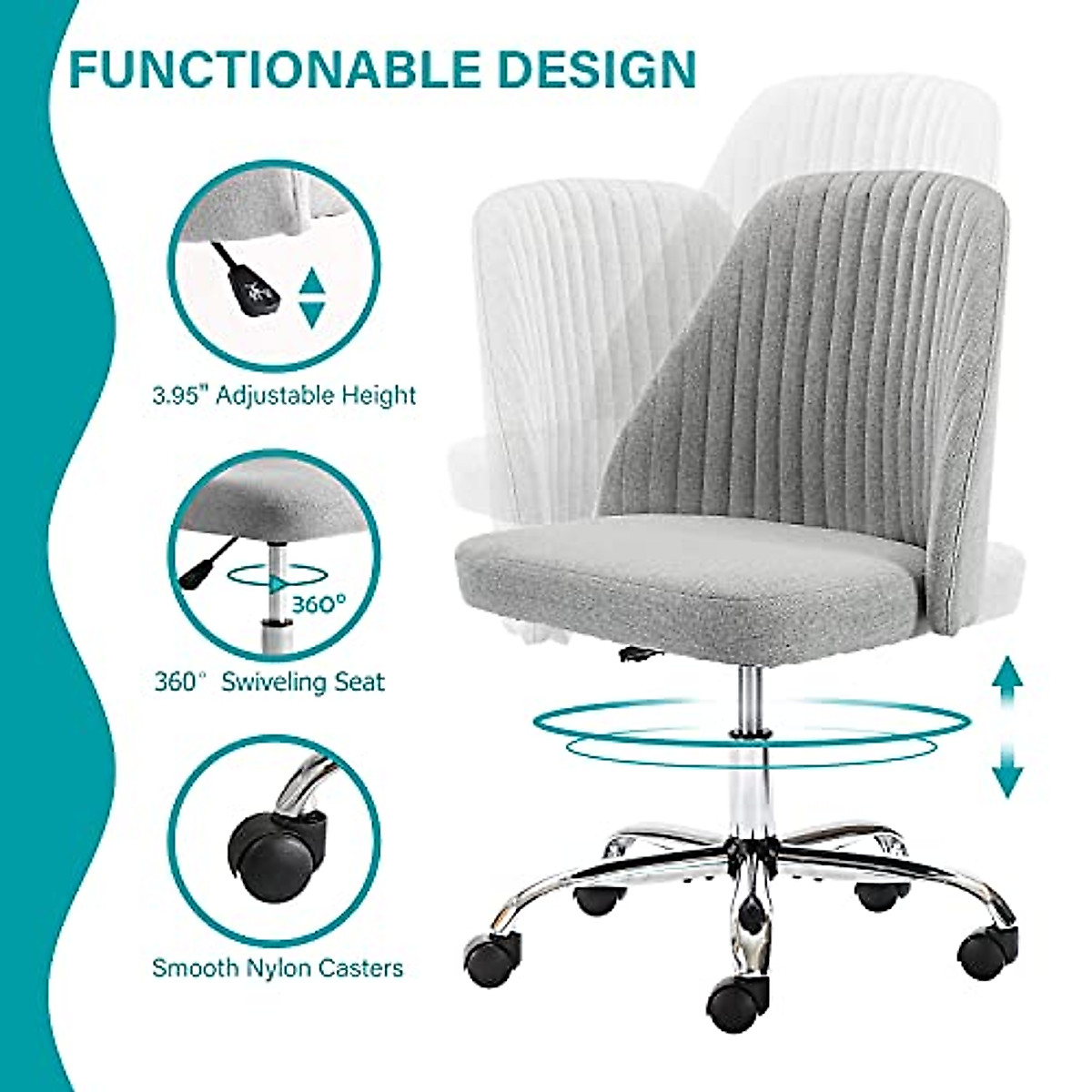 HOMEFLA Home Office Desk Chair, Modern Linen Fabric Chair Adjustable Swivel Task Chair Mid-Back Cute Upholstered Armless Computer Chair with Wheels for Bedroom Studying Room Vanity Room (Light Grey)