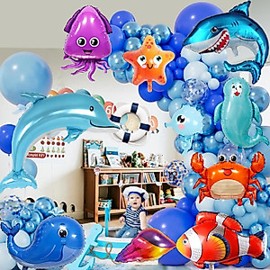 Jiahaoppx 10 Pcs Sea Animal Balloons, Large Shark Dolphin Whale Octopus Fish Hippocampus Crab Sea Lion Conch Starfish Ocean Foil Balloons for Sea Underwater Animals Theme Party Decoration