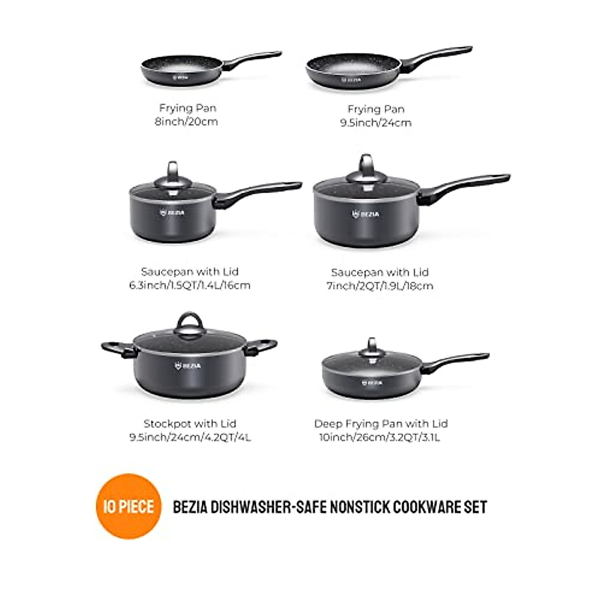 Induction Cookware Pots and Pans Set 10 Piece, BEZIA Dishwasher Safe Nonstick Cooking Pans, Stay-Cool Bakelite Handle, Scratch Resistant Kitchen Sets with Frying Pans, Saucepans & Stockpot
