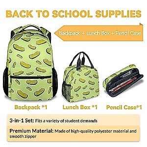 Mercuryelf Pickles Girls Boys Backpack with Lunch Box Set, 3 in 1 School Travel Backpacks Matching Combo, Aesthetic Green Bookbag and Pencil Case Bundle