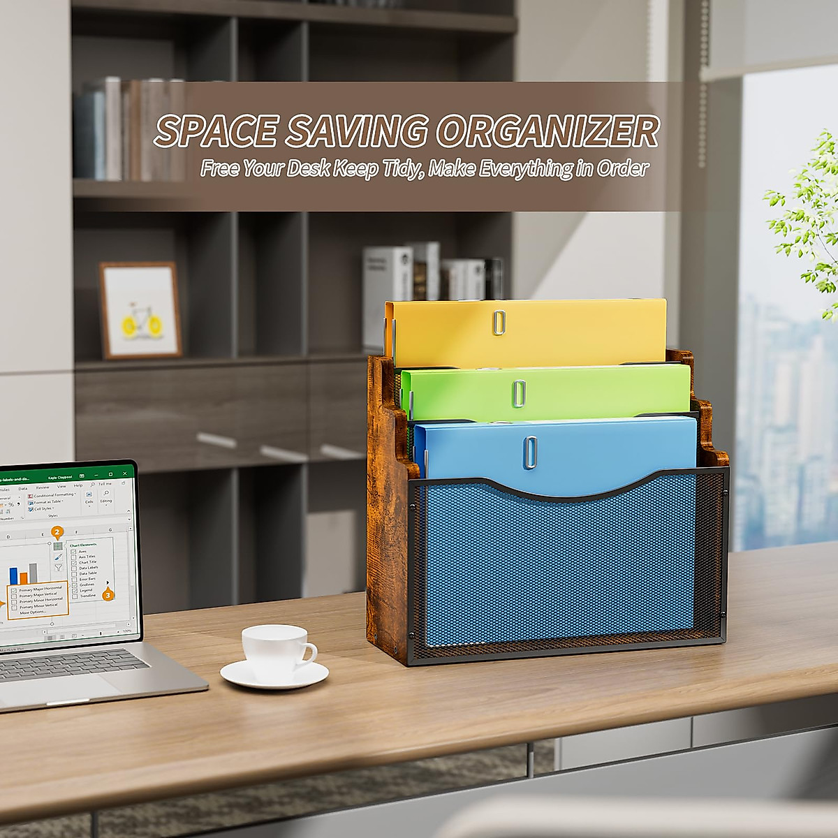 3-Tier Ladder File Organizer, Desk File Organizer with Retro MDF+ Black Metal Frame, Wall Paper Letter Tray Organizer, Wall File Storage Rack, Mesh Desktop Organizers and Accessories for Home Office