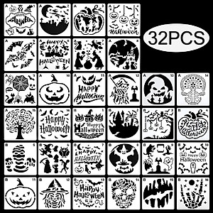 FEBSNOW 32 Pcs Halloween Painting Stencils Reusable Halloween Template Pumpkin Witch Skeleton Skull Vampire for DIY Craft Drawing Painting Spraying Window Glass Wood Airbrush Walls Art