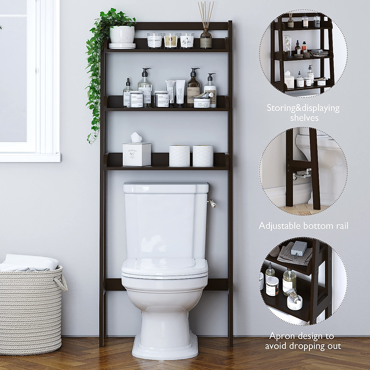 UTEX Over The Toilet Storage, 3-Tier Bathroom Shelves Over Toilet, Behind Toilet Bathroom Organizer (Espresso)