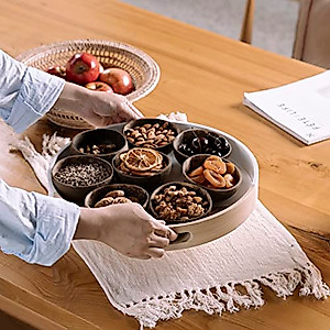 Kiwi Homie 13.78" Dia Spun Bamboo Serving Tray, Round Tray with Handles, Round Ottoman Tray, Semi White for Coffee Table, Serving Food on Home Dining Table, Restaurant (White)