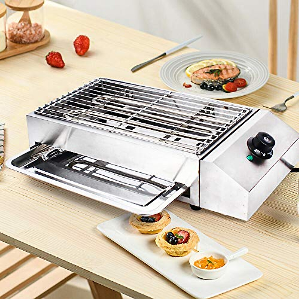 110V Electric Grills Indoor, 1800W Portable Stainless Steel Smokeless BBQ Grill Countertop Barbecue Oven Removeable Stainless Steel Grate and Oil Drip Tray,for Indoor Outdoor Kitchen Garden