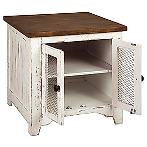 Signature Design by Ashley Wystfield Farmhouse End Table with Storage, Distressed White & Brown Finish