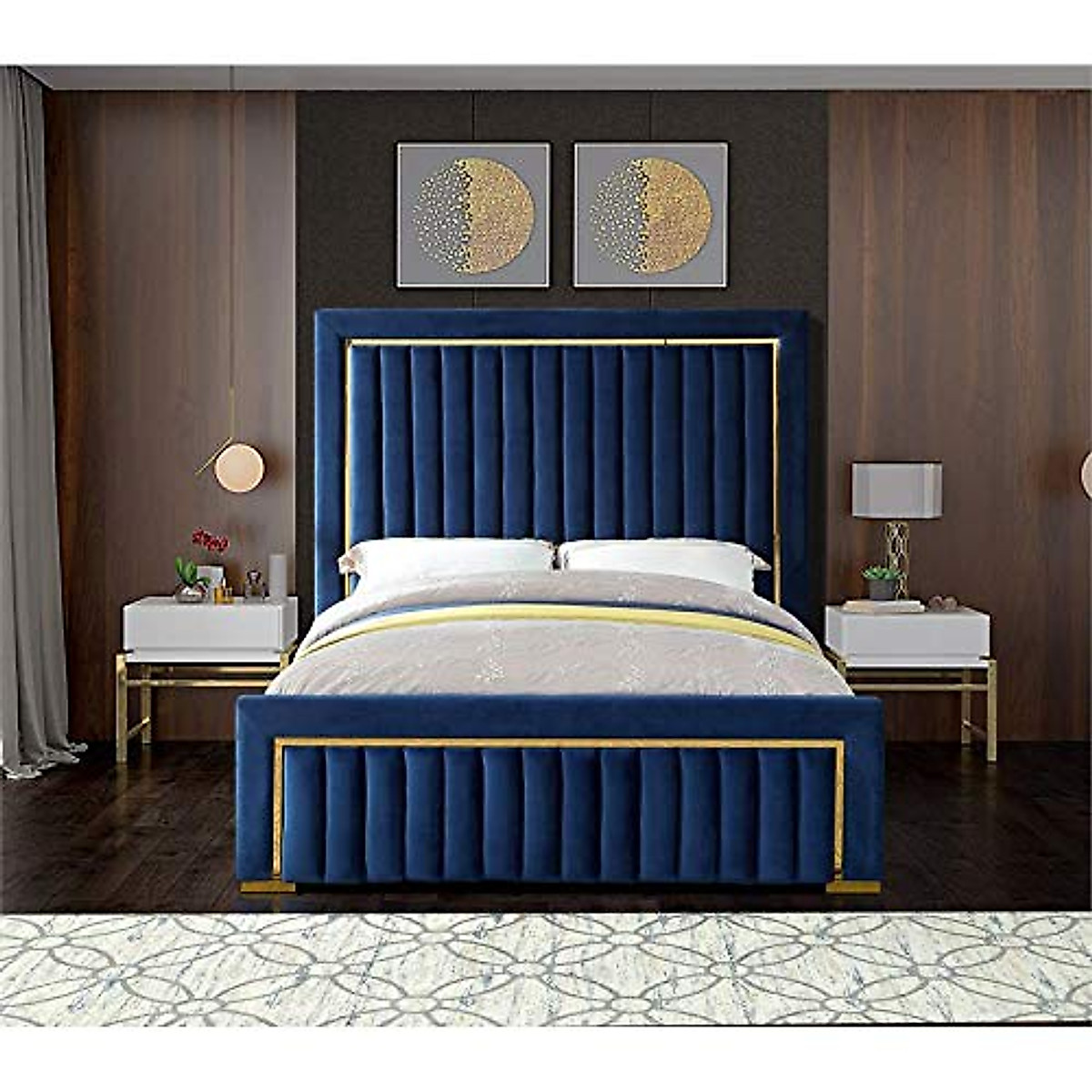 Meridian Furniture DolceNavy-K Dolce Collection Modern | Contemporary Velvet Upholstered Bed with Luxurious Channel Tufting and Gold Metal Trim/Legs, 89" W x 88" D x 63.5" H, King, Navy