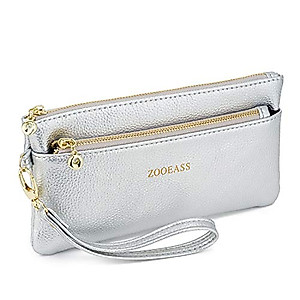 ZOOEASS Women Vegan Leather Wristlets Bag, Clutch Organizer Wallets Purses for iPhone (Silver)