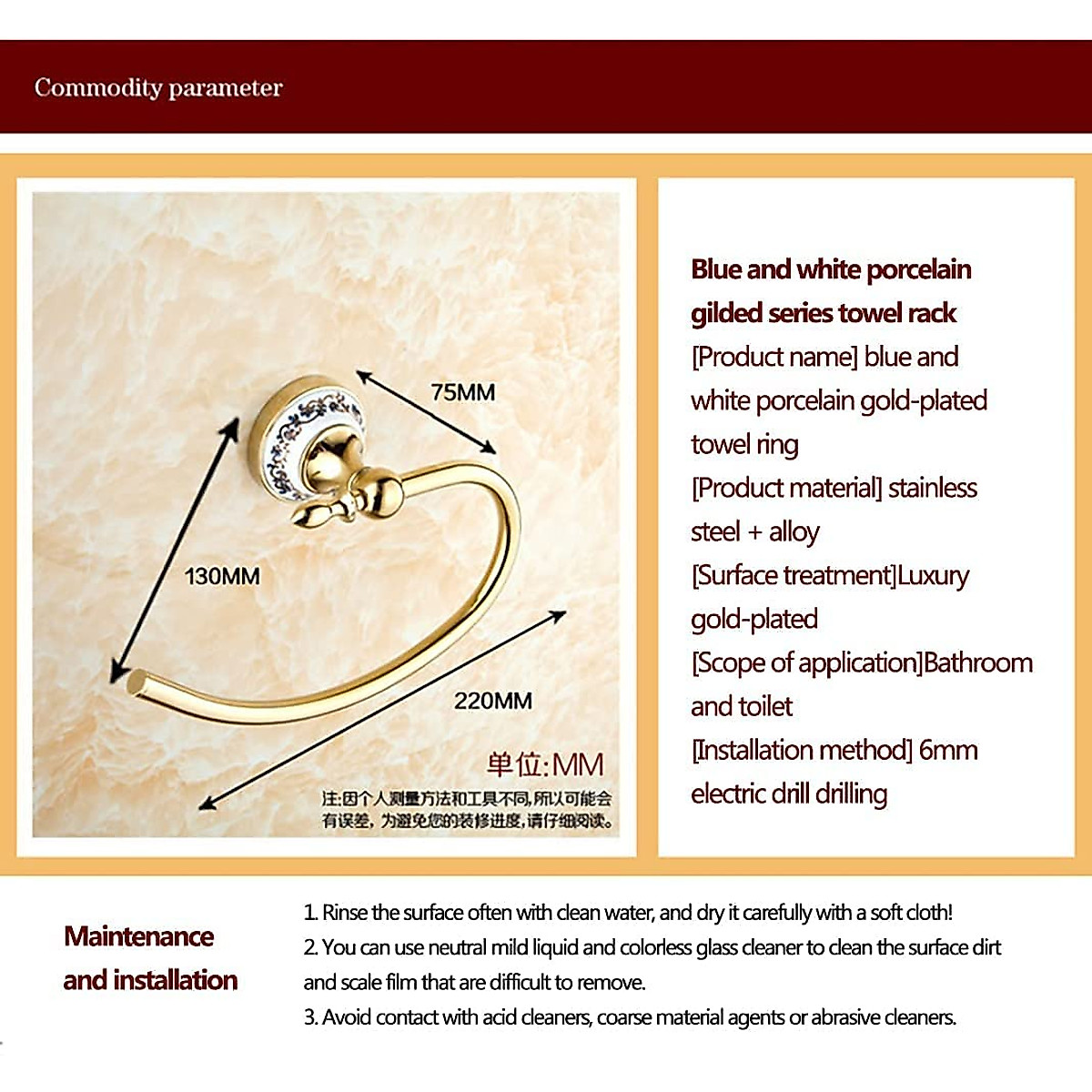 KouRy Retro Towel Holders for Bathrooms, Crystal Towel Ring, Hand Towel Rack Wall Mounted Decorative Gold Towel Ring Hand Towel Holder (Gold)