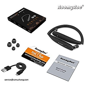 RoomyRoc Bluetooth Headphones, Wireless Neckband Headset Evoking Siri & Bixby with Retractable Earbuds, Sports Sweat-Proof Noise Cancelling Foldable Stereo Earphones with Mic (Black)