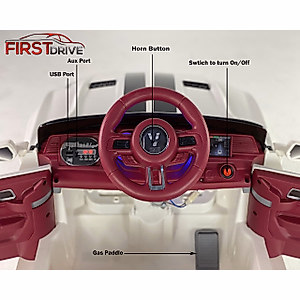 First Drive Mustang - Ride on Car - Electric Car for Kids - Kids Car with Parent Remote, MP3 Music Playback, AUX Port, Spring Suspension, LED Lights, Rear Wheel Drive, for Boys/Girls (White)