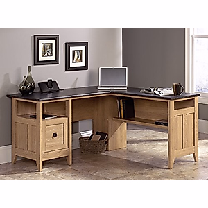 Sauder August Hill L-Shaped Desk, Dover Oak finish, L: 59.06" x W: 58.74" x H: 29.25"