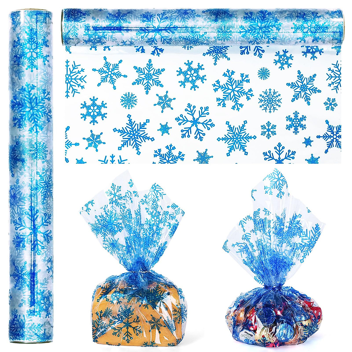 Whaline Christmas Cellophane Wrap Roll Snowflake Clear Wrapping Paper Xmas Winter Holiday Plastic Gift Basket Wrap for Christmas Birthday Wedding DIY Crafts Party Supplies