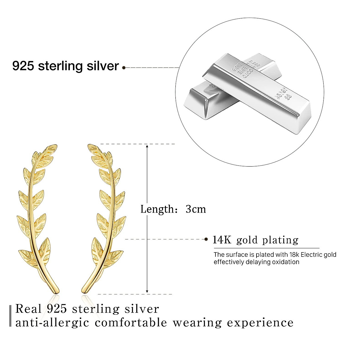 ✦Mothers Day Gifts✦ S925 Sterling Silver 14K Gold Plated Crawler Cuff Leaf Stud Earrings Climber Hoop Jacket Earrings for Women Hypoallergenic with Box Packing (gold-2)