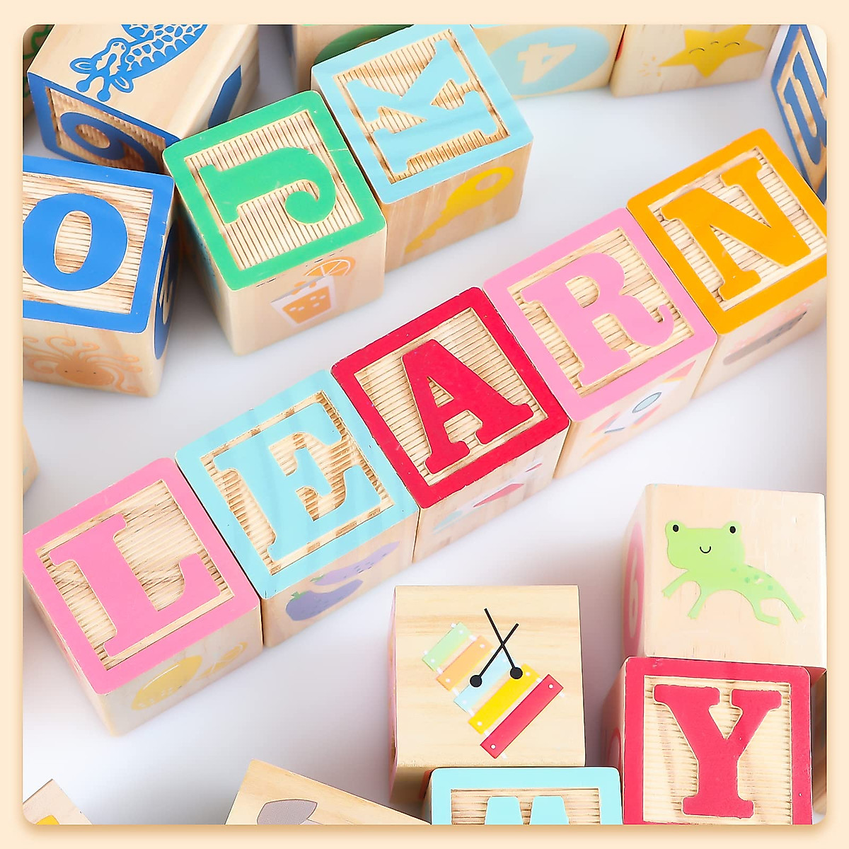 FOPNETS Wooden ABC Building Blocks 36 Large Stacking and Building Blocks for Toddlers Colorful Alphabet Number Icons Preschool Educational Montessori Toys for Boys Girls Gifts