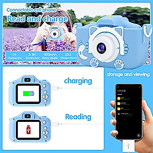 YUE3000 Upgrade Kids cat Camera,Gifts for Boys and Girls of Age 3-9, 1080P HD Digital Video Cameras for Toddler, 20M high -Definition Digital Camera, Suitable for Portable Toys with 32GB SD Card-Blue