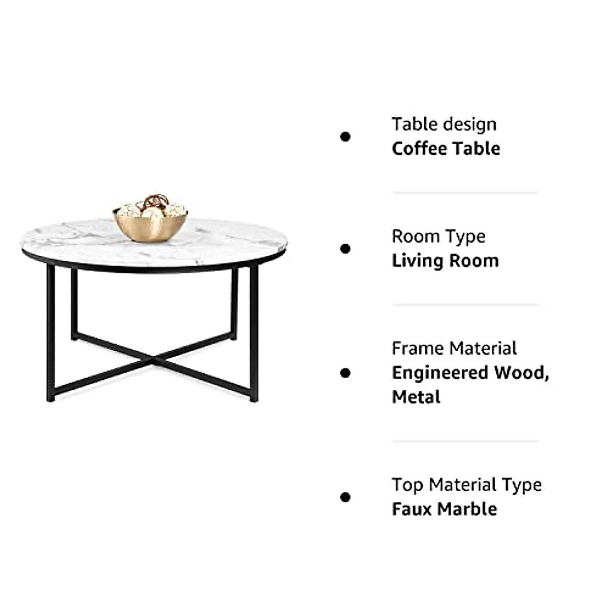 Best Choice Products 36in Faux Marble Accent Table, Modern End Table, Large Coffee Table Home Decor for Living Room, Dining Room, Tea, Coffee w/Metal Frame, Foot Caps, Designer - White/Black