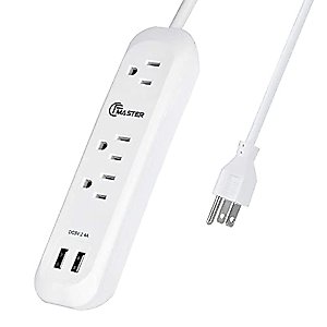 USB Power Strip Surge Protector Long Extension Cord 6 feet, 3 Outlets, 2 USB Ports (2.4A/12W), Overload Protection, Mountable Power Strip for Home Office, 1250W/10A, SGS Listed, White
