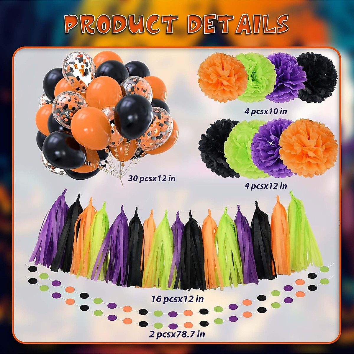 Halloween Party Decorations - Hocus Pocus Trunk Or Treat Car Decorations Kit for SUV Orange Black Purple Green Tissue Pom Pom Tassels Garlands Balloons for Halloween Birthday Baby Shower Decorations