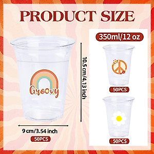 150 Pack Groovy Party Plastic Cups Boho Retro Hippie Disposable Clear Cups 12 oz Daisy Flower Drinking Cups Bulk for Hippie Boho Birthday Party Wedding Baby Shower Drinkware Decorations