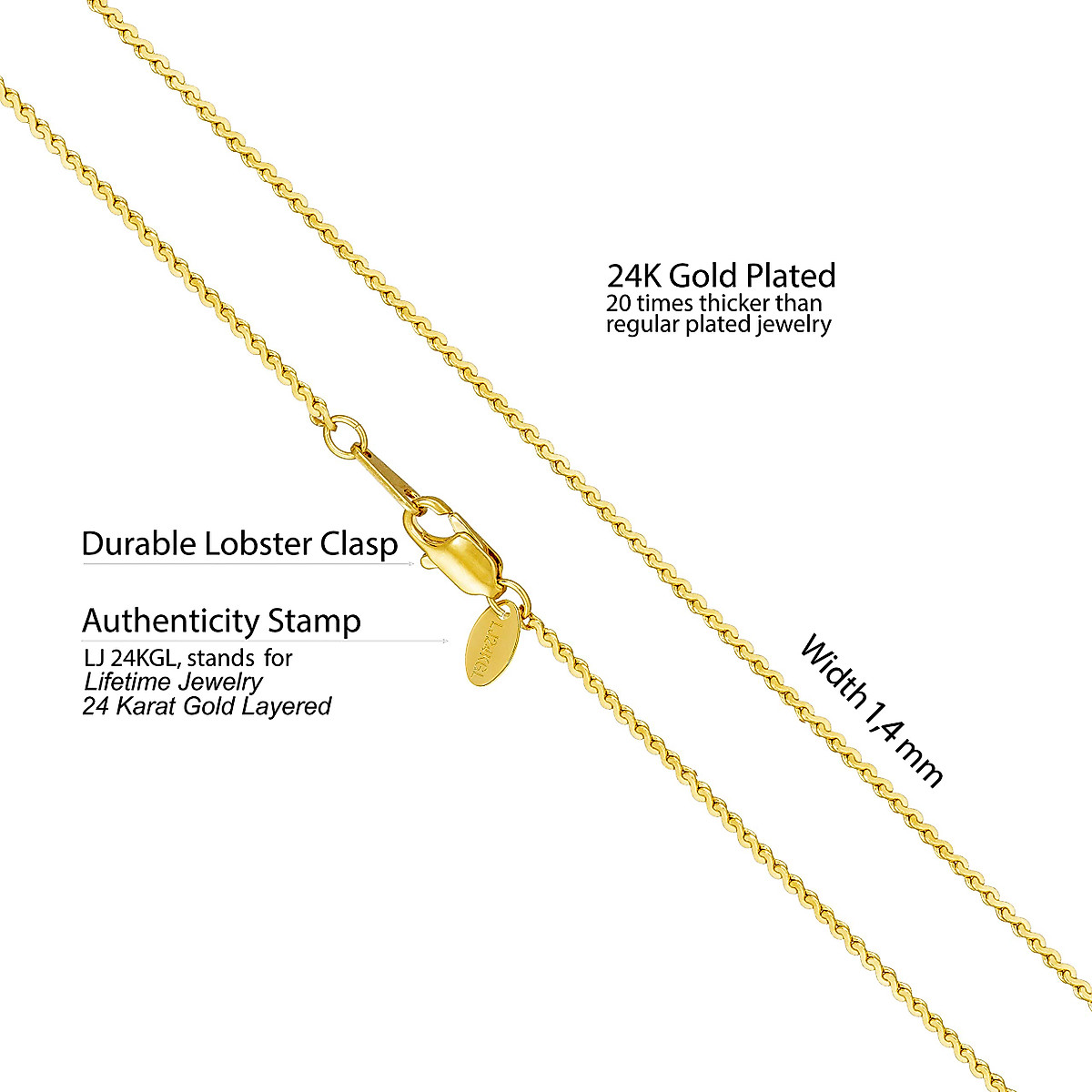 LIFETIME JEWELRY 1.4mm Serpentine Chain Necklace for Women & Men 24k Gold Plated (20 inches, Gold)