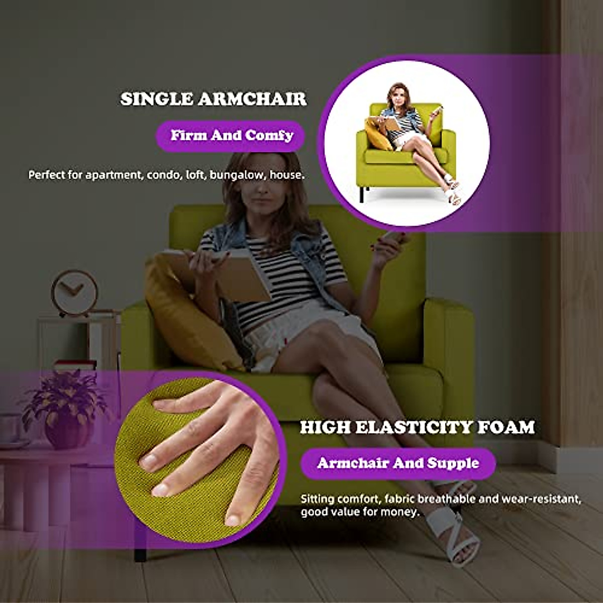 TYBOATLE Modern Upholstered Linen Fabric Accent Arm Chairs, Living Room Single Sofa Chair with Metal Legs, Comfy Reading Lounge Armchair for Small Spaces, Apartment, Bedroom, Office (Green)