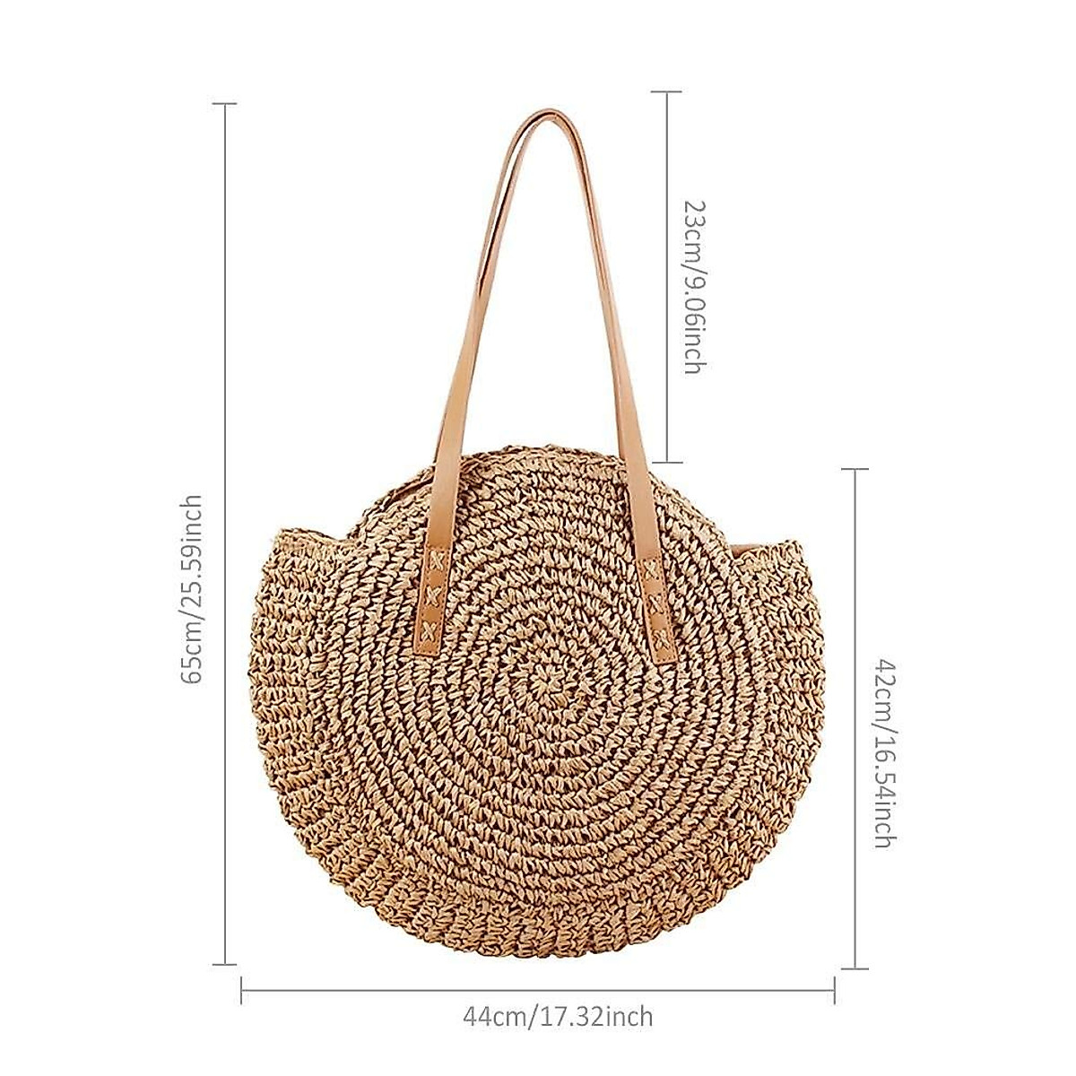 Women's Straw Handbags Large Summer Beach Tote Woven Round Pompom Handle Shoulder Bag(Khaki)