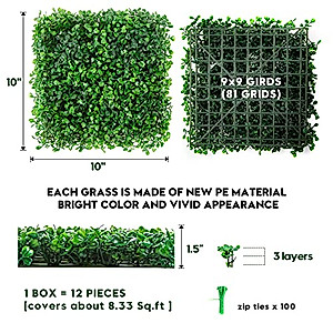 Vevitts 12 Packs 10"x10" Artificial Boxwood Hedges Mat with Cable Ties, Grass Wall Panels UV Privacy Fence Screen Greenery Panel for Indoor & Outdoor Decor