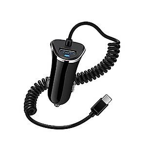 USB C Car Charger, 3.4A Cigarette Lighter Fast Charging Adapter with 3ft USB-C Coiled Cable for Google Pixel 7 Pro 6a 6 5a 4 XL 3, Galaxy S23 Ultra S22 S21 A14 5G A13 A03s A51, iPhone 14 13, Car Plug