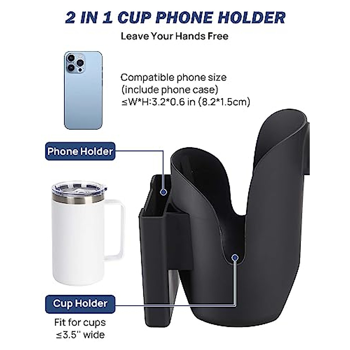 JOYTUTUS Cup Holder for Wheelchair, 2 in 1 Water Bottle Holder and Phone Bracket, Universal Drink Cup Holder for Walker, Rollator, Stroller, Scooter