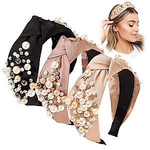 Ivyu Headbands - Knotted Pearl Diademas Para Mujer De Moda Hair Accessories Hairbands for Girls No Slip Fashion Cute Top Knot Headband Gift for Women Black Pink Gold