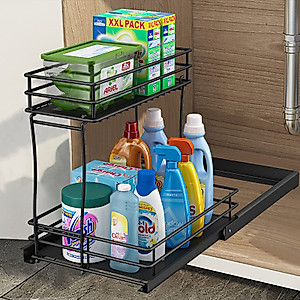 Ronanemon Pull Out Cabinet Organizer, 2-Tier Under Sink Slide Out Kitchen Cabinet Storage Shelves with Sliding Storage Drawer for Cabinet - 11.6W x 15.8D x 13.3H, Least 13" Cabinet Opening