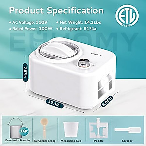 EUHOMY 1 Quart Auto Ice Cream Maker with Compressor, No Pre-freezing, 3 Modes Gelato Maker, Keep Cool Function, Easy-to-Clean, Frozen Yogurt Machine for Ice Cream/Frozen Yogurt/Gelato. (White)