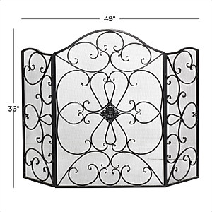 Deco 79 Metal Scroll Foldable 3 Panel Fireplace Screen with Mesh Netting, 49" x 1" x 36", Black