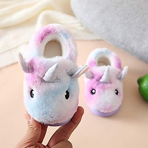 Ainikas Boys Girls Plush House Slippers Toddler Liitle Kids Warm Fluffy Fuzzy Slippers Nonslip Winter Slippers, Purple-01, 12-13 Little Kid