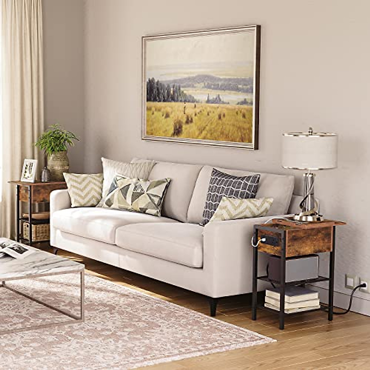 HOOBRO End Table with Charging Station, Narrow Side Table with USB Ports and Outlets, Flip Nightstand for Small Spaces, Sofa Couch Table Bedside Table, Living Room Bedroom, Rustic Brown BF158UBZ01G1