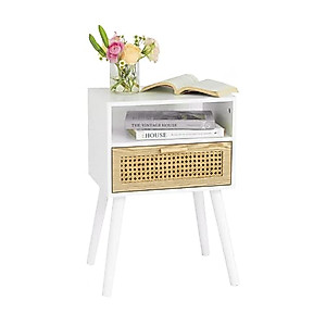 MaxSmeo White Nightstand with Drawer, Mid Century Modern Nightstand, Rattan Side Table, End Table with Storage for Living Room, Bedroom and Small Spaces, Easy Assembly (White)