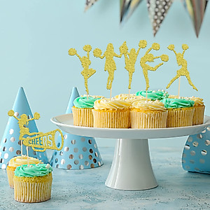 Gyufise 28 Pack Cheerleader Cupcake Toppers Gold Glitter Cheerleading Gymnastics Cupcake Picks Cheer Team Cake Decorations Gymnast Girl Toothpicks Cake Decor for Girls Birthday Party Favors Supplies