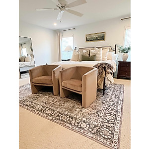 Hauteloom Ganyangan Boho Vintage Distressed Damask Area Rug - Farmhouse Traditional Floral Faded Carpet for Living Room, Bedroom - Machine Washable Rug - Brown, Taupe, Cream - 7'10" Square