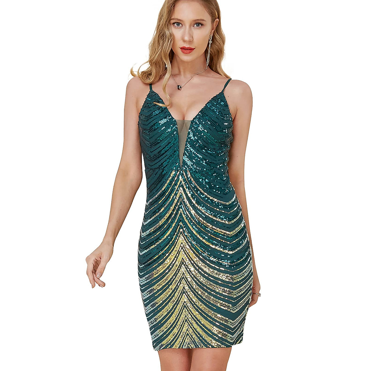ZRSGXG Women's Sequin V-Neck Evening Dress Suspender Cocktail Mini Evening Dress(Green,X-Large)