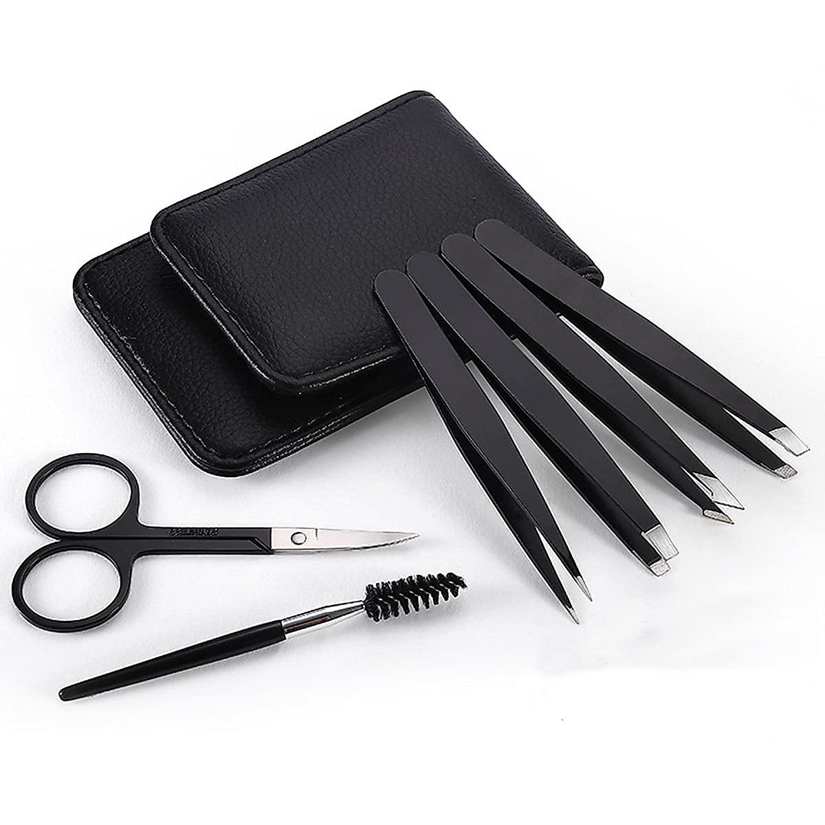 Tweezers for women Pinkiou 6 Pieces Eyebrow Tweezers Set with Curved Scissors,Eyelash Brush,Great Precision tweezer for Eyebrow,Ingrown Hair,Facial Hair Removal,eyebrow kits with Leather Travel Case